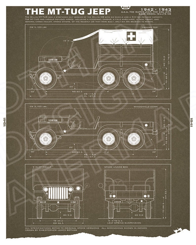 Willys MT-TUG Military Jeep Blueprint - Unframed Wall Print - Etsy