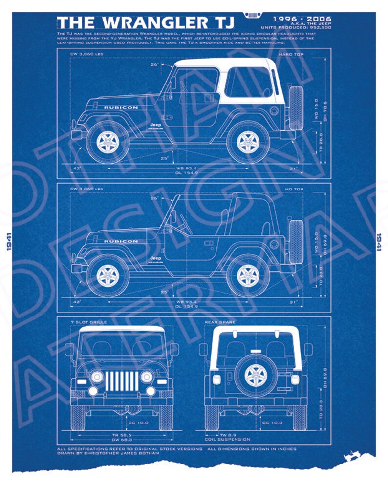 TJ Wrangler Jeep Blueprint - Unframed Wall Print - Etsy