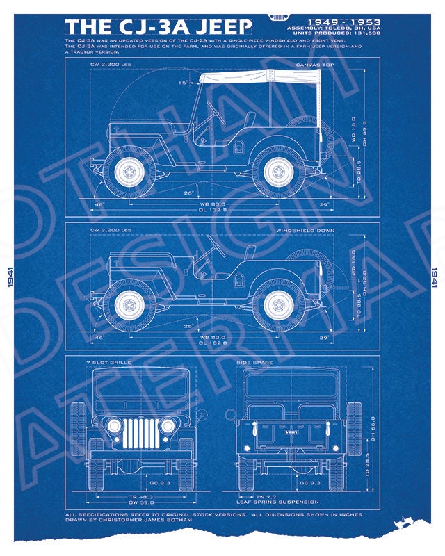CJ-3A Jeep Blueprint Unframed Wall Print - Etsy