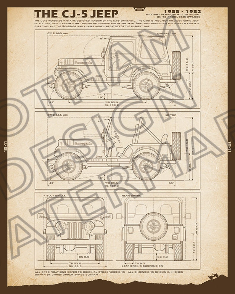 CJ-5 Renegade Jeep Blueprint - Unframed Wall Print - Etsy