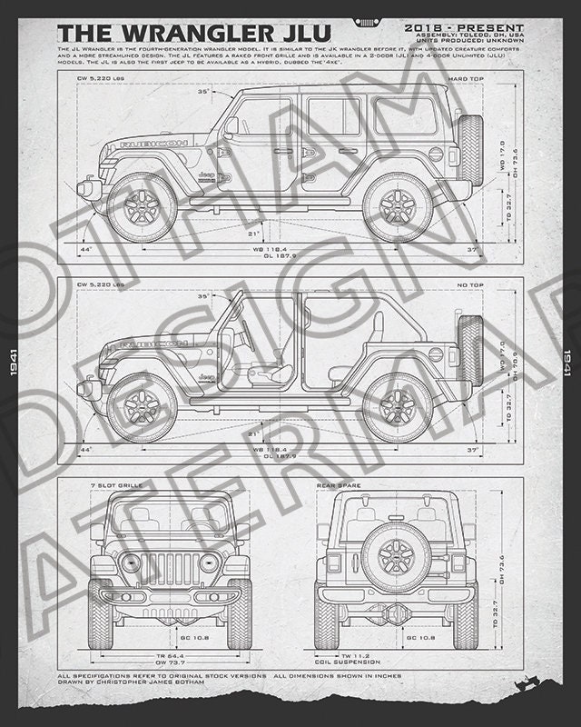 JLU Wrangler Jeep Blueprint - Unframed Wall Print - Etsy