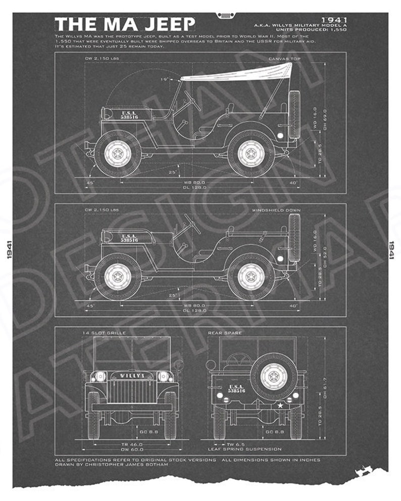 Willys MA Jeep Blueprint - Unframed Wall Print - Etsy