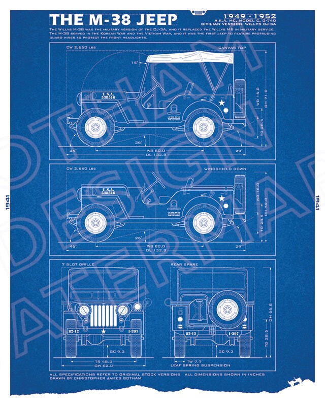 Willys M-38 Military Jeep Blueprint - Unframed Wall Print - Etsy