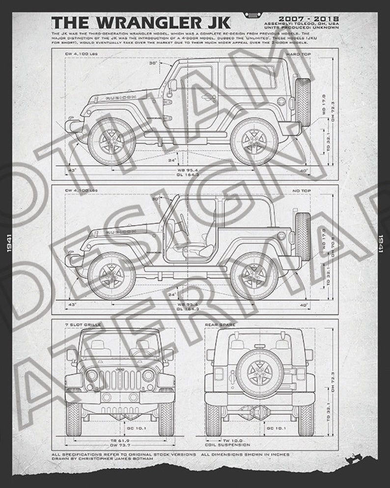 JK Wrangler Jeep Blueprint - Unframed Wall Print - Etsy