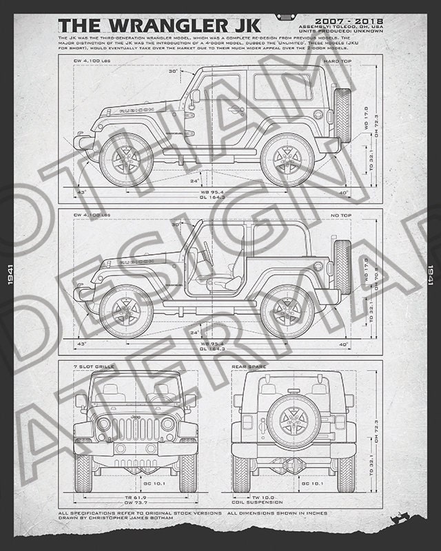 JK Wrangler Jeep Blueprint - Unframed Wall Print - Etsy