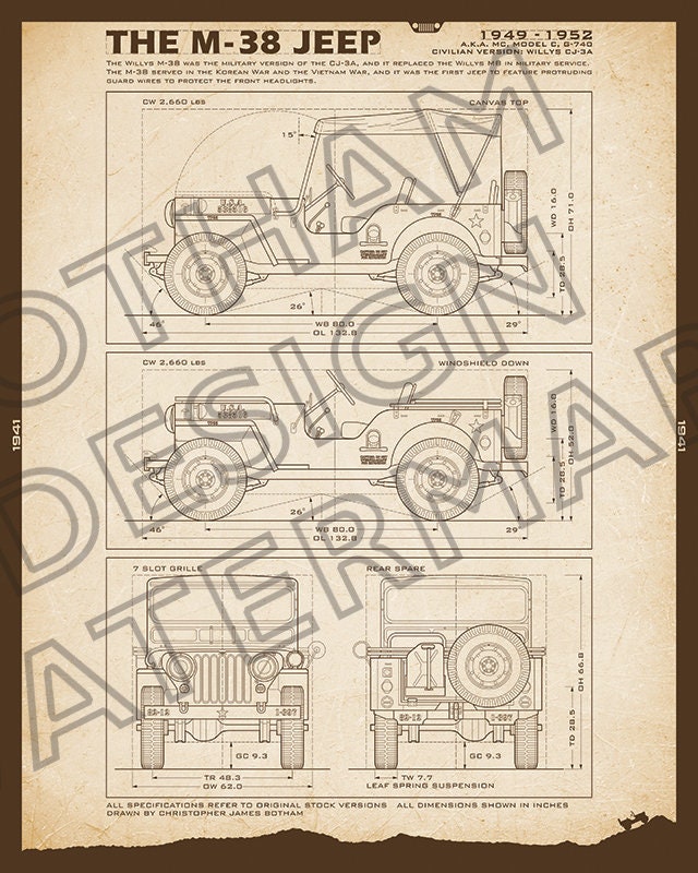 Willys M-38 Military Jeep Blueprint - Unframed Wall Print - Etsy