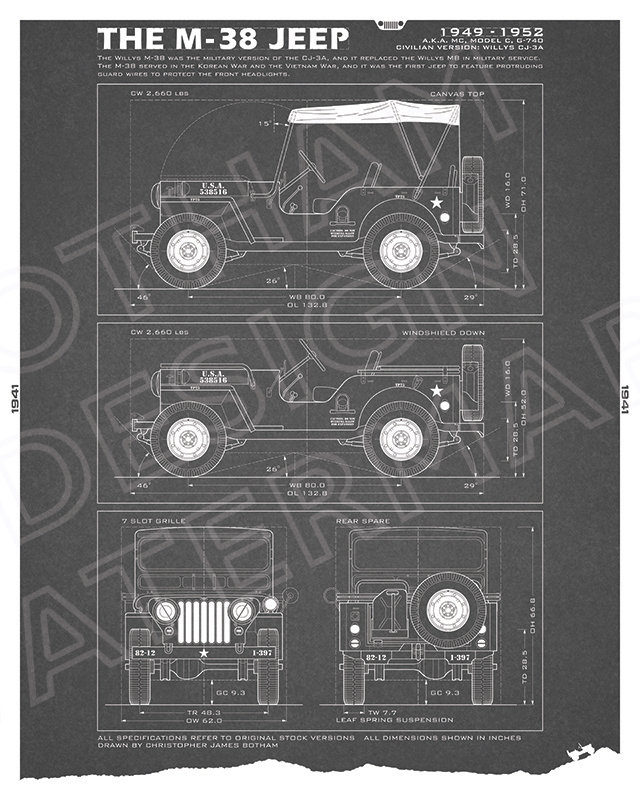Willys M-38 Military Jeep Blueprint Unframed Wall Print - Etsy