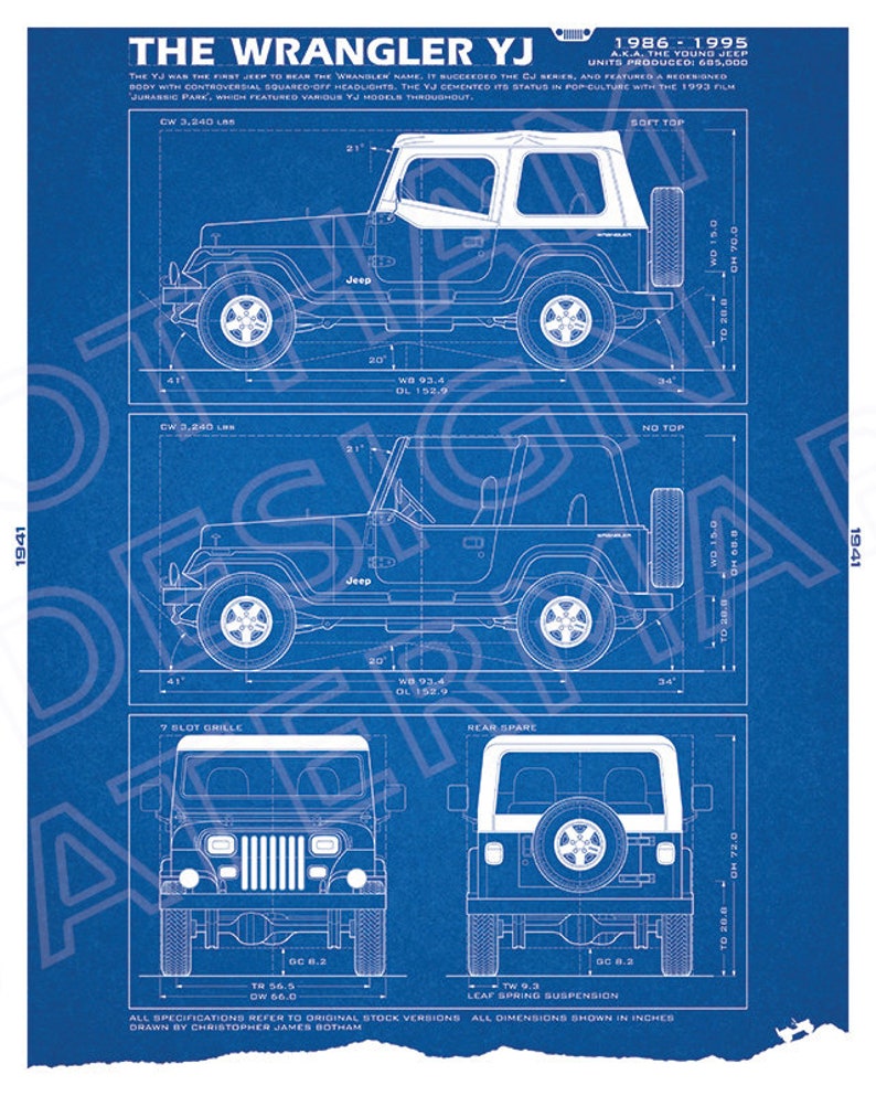YJ Wrangler Jeep Blueprint - Unframed Wall Print - Etsy