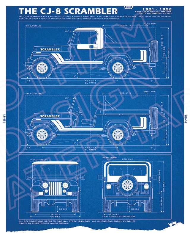 CJ-8 Scrambler Jeep Blueprint - Unframed Wall Print - Etsy