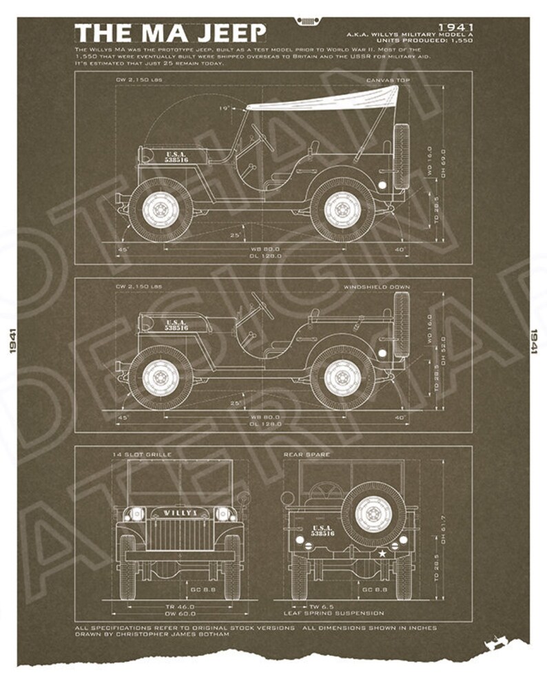 Willys MA Jeep Blueprint Unframed Wall Print - Etsy