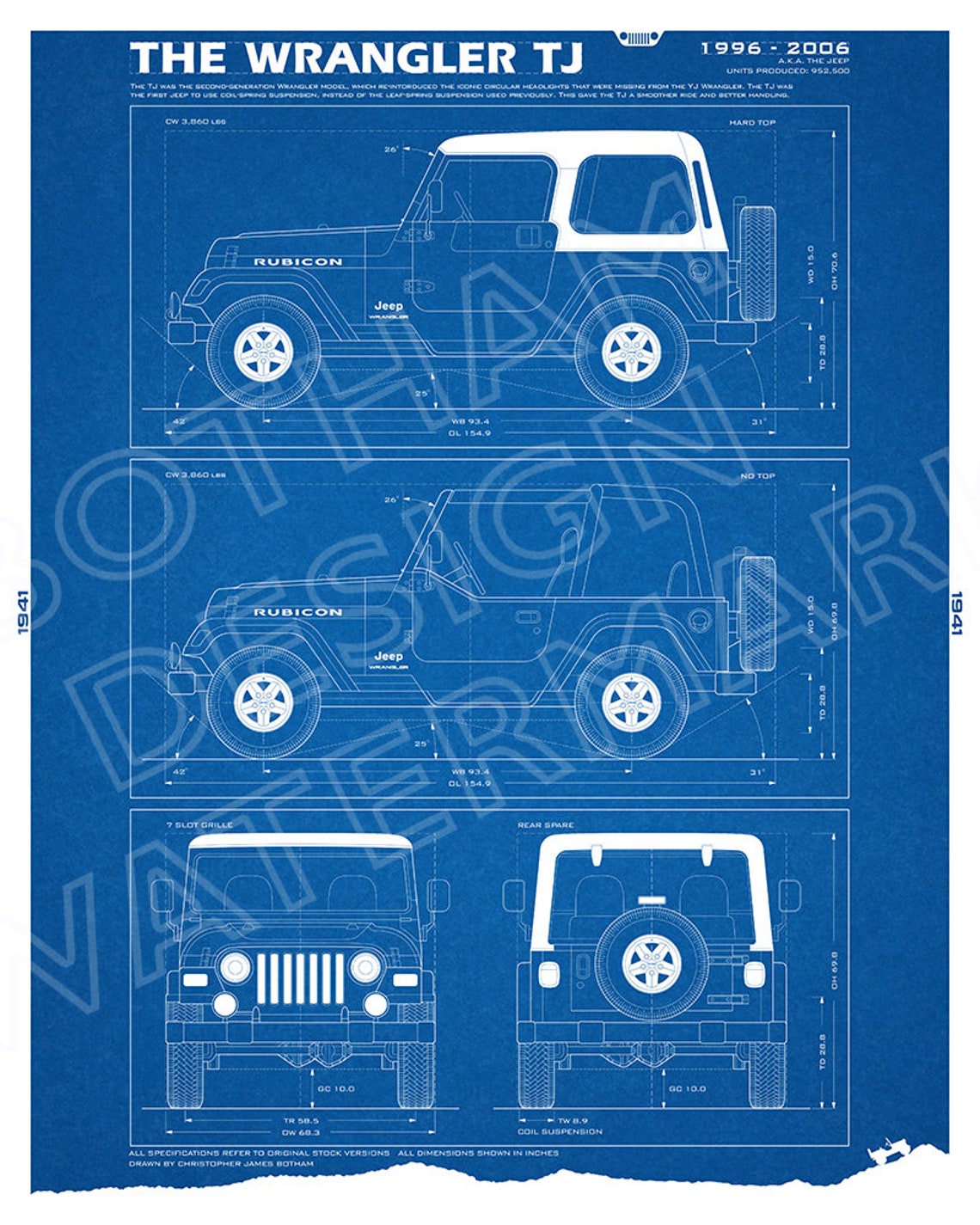 TJ Wrangler Jeep Blueprint Unframed Wall Print 16x20 - Etsy Canada