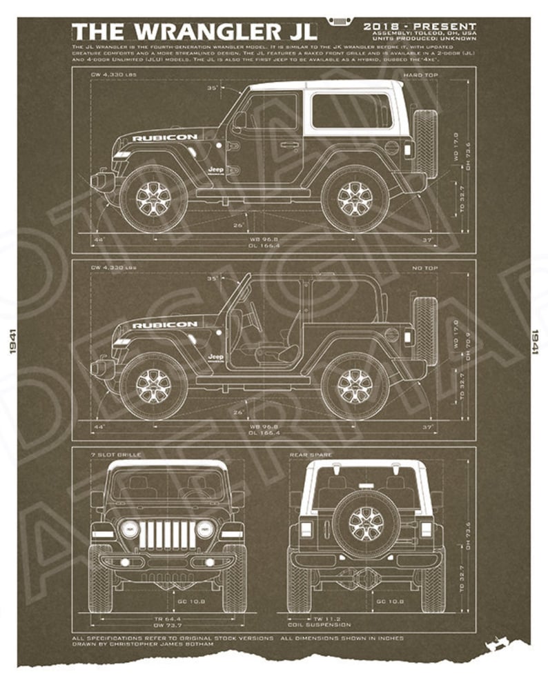 JL Wrangler Jeep Blueprint Unframed Wall Print - Etsy