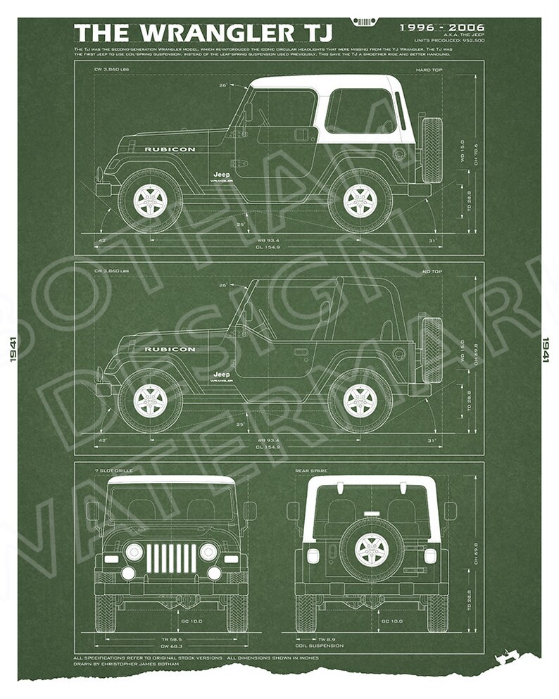 TJ Wrangler Jeep Blueprint Unframed Wall Print 16x20 - Etsy