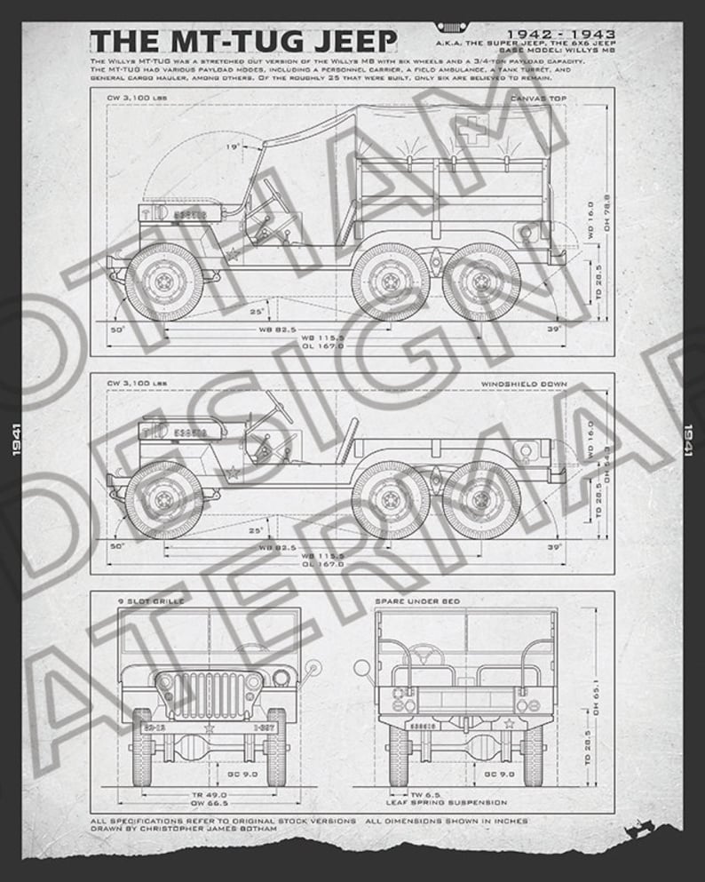 Willys MT-TUG Military Jeep Blueprint - Unframed Wall Print - Etsy