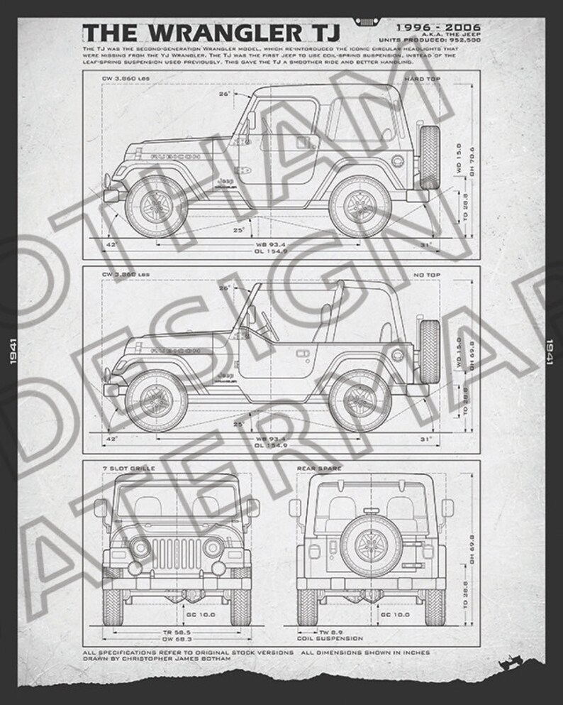 TJ Wrangler Jeep Blueprint - Unframed Wall Print - Etsy