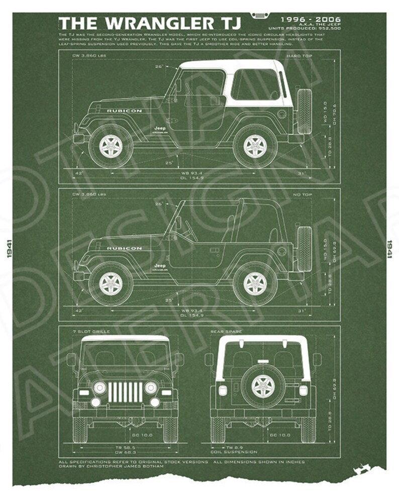 TJ Wrangler Jeep Blueprint - Unframed Wall Print - Etsy