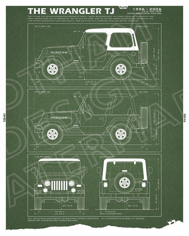 TJ Wrangler Jeep Blueprint - Unframed Wall Print - Etsy