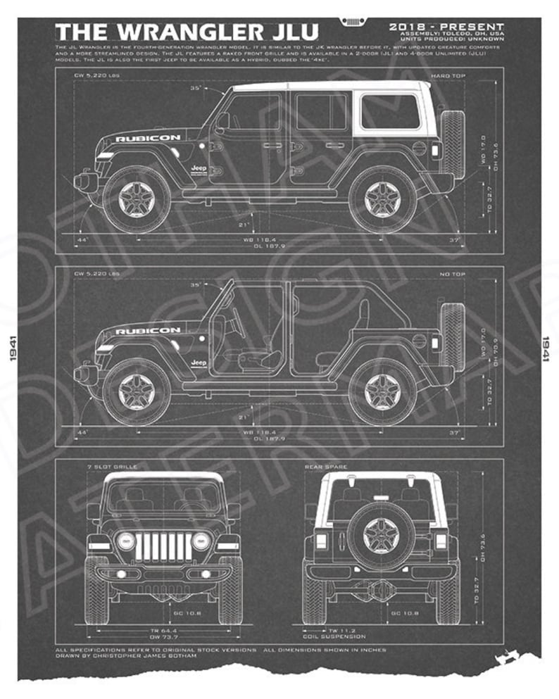 JLU Wrangler Jeep Blueprint - Unframed Wall Print - Etsy