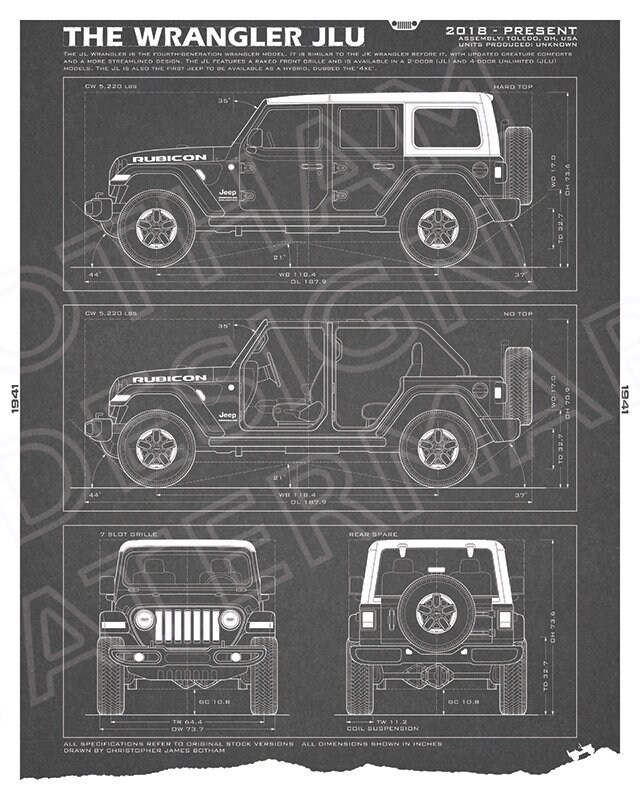 JLU Wrangler Jeep Blueprint - Unframed Wall Print - Etsy