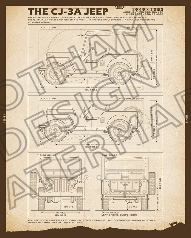 CJ-3A Jeep Blueprint Unframed Wall Print - Etsy