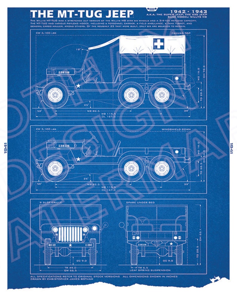 Willys MT-TUG Military Jeep Blueprint - Unframed Wall Print - Etsy