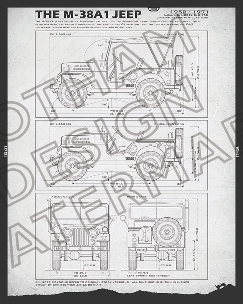 Willys M-38A1 Military Jeep Blueprint - Unframed Wall Print - Etsy