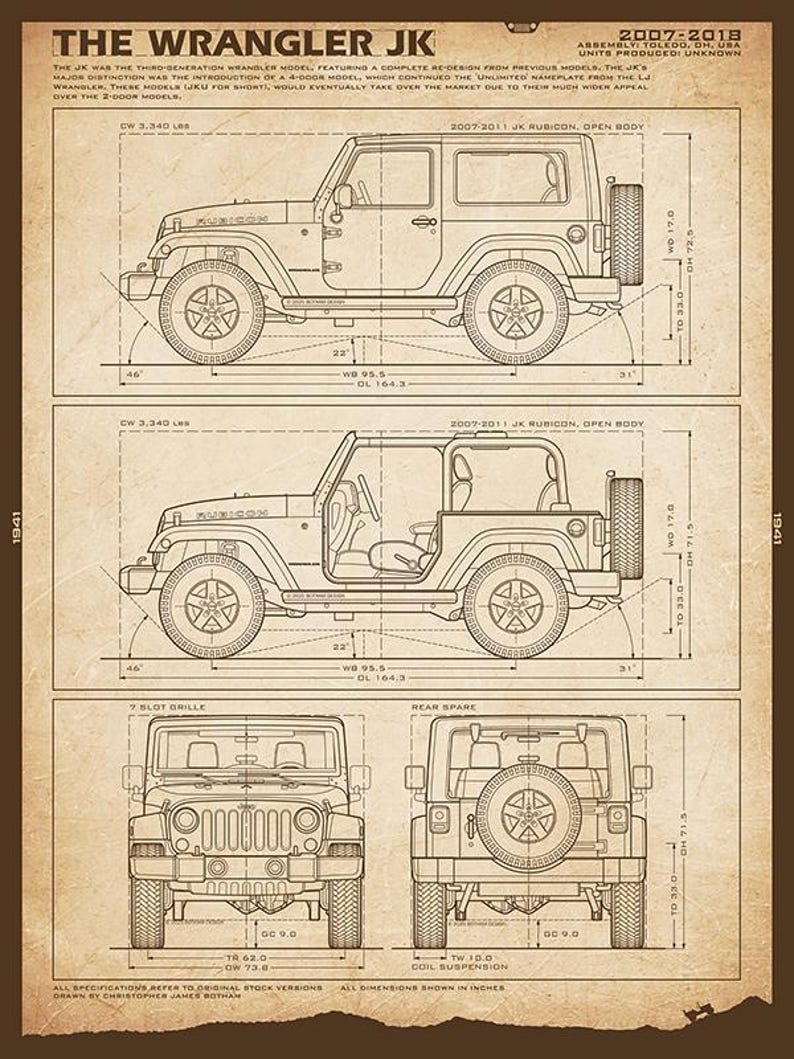 JK Wrangler Jeep Blueprint - Unframed Wall Print - Etsy