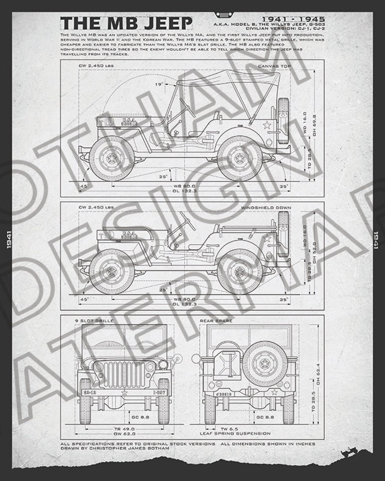 Willys MB Military Jeep Blueprint Unframed Wall Print - Etsy