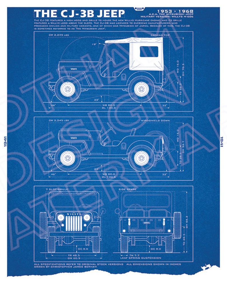 CJ-3B Jeep Blueprint - Unframed Wall Print - Etsy
