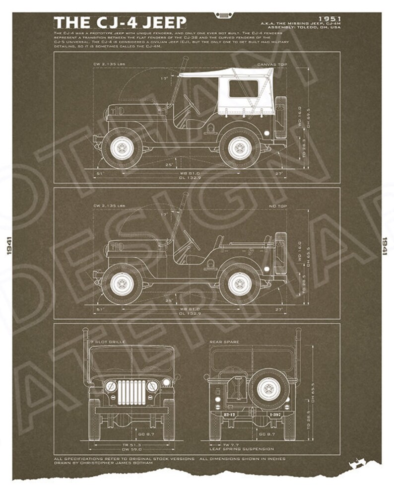 CJ-4 Jeep Blueprint - Unframed Wall Print - Etsy