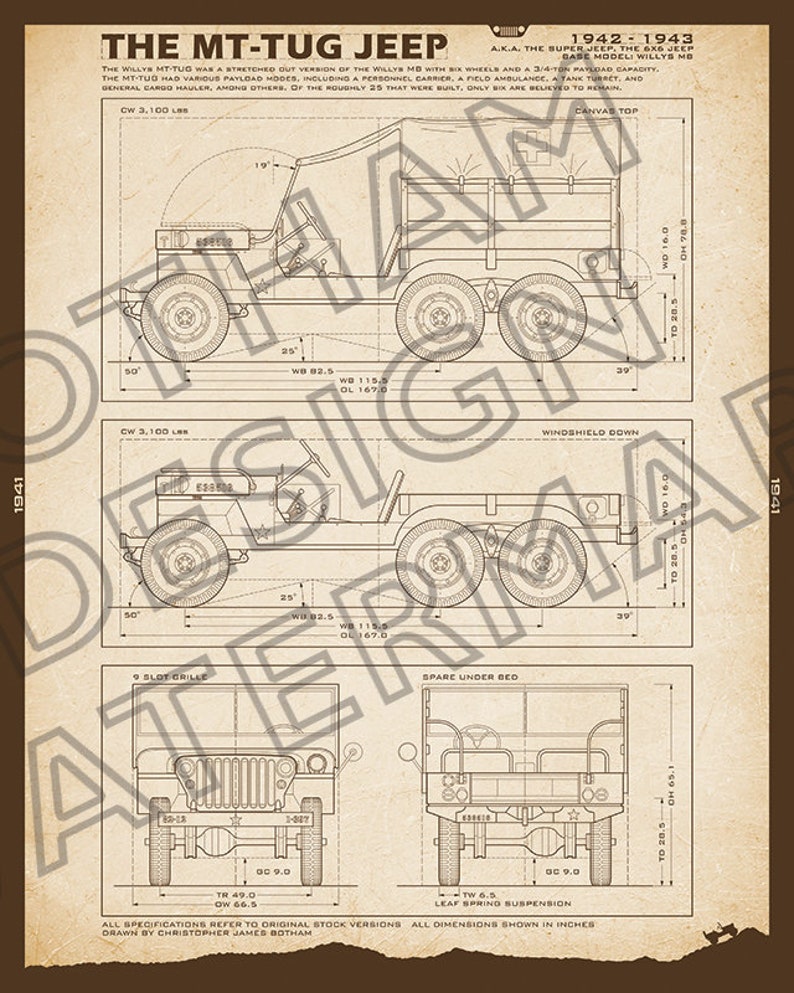 Willys MT-TUG Military Jeep Blueprint - Unframed Wall Print - Etsy