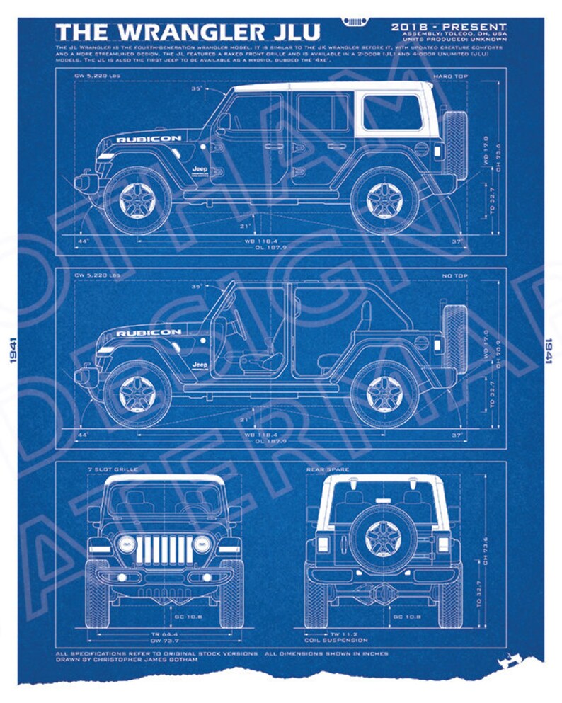JLU Wrangler Jeep Blueprint - Unframed Wall Print - Etsy