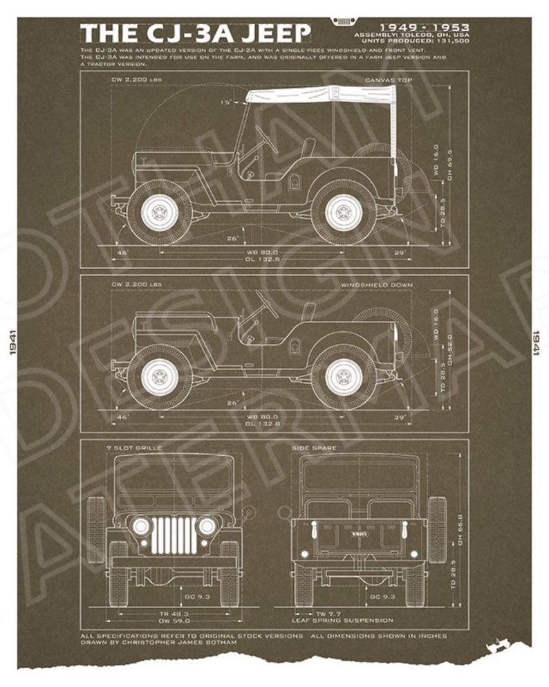 CJ-3A Jeep Blueprint - Unframed Wall Print - Etsy