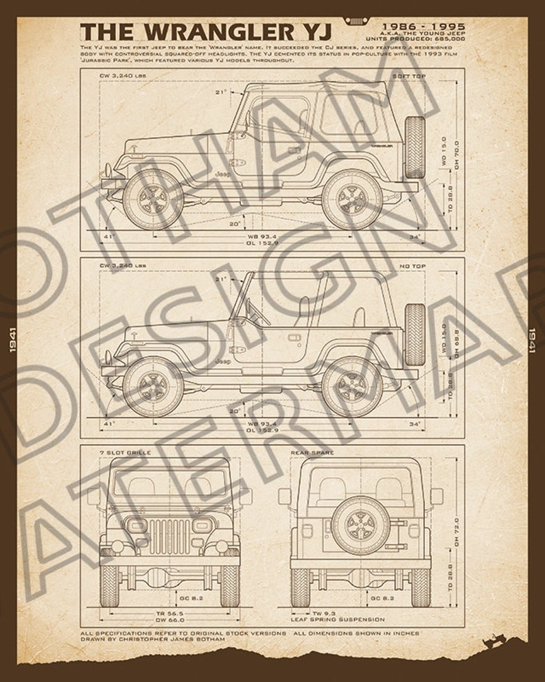 YJ Wrangler Jeep Blueprint - Unframed Wall Print - Etsy