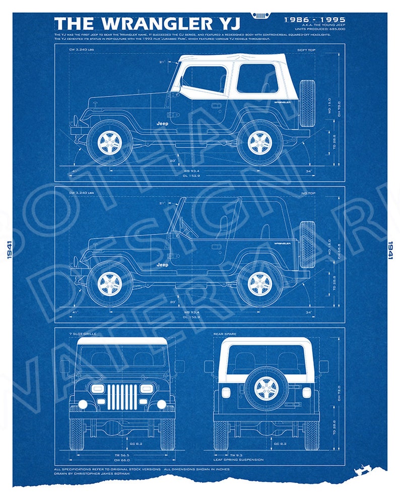 YJ Wrangler Jeep Blueprint Unframed Wall Print 16x20 - Etsy