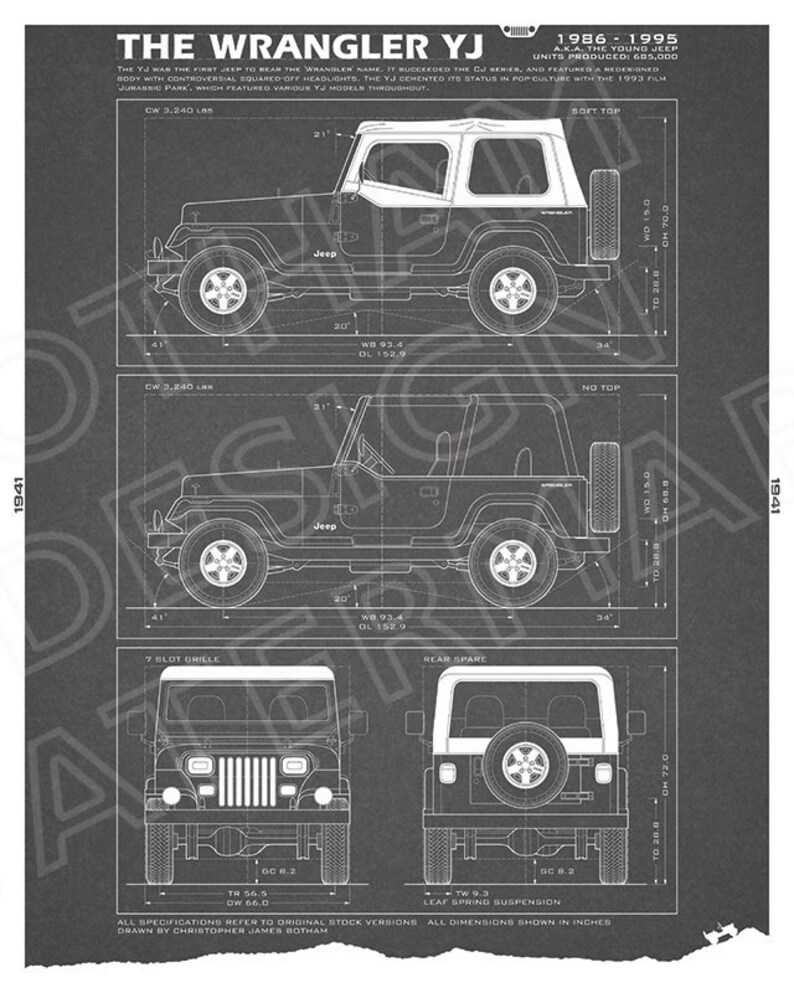 YJ Wrangler Jeep Blueprint Unframed Wall Print - Etsy