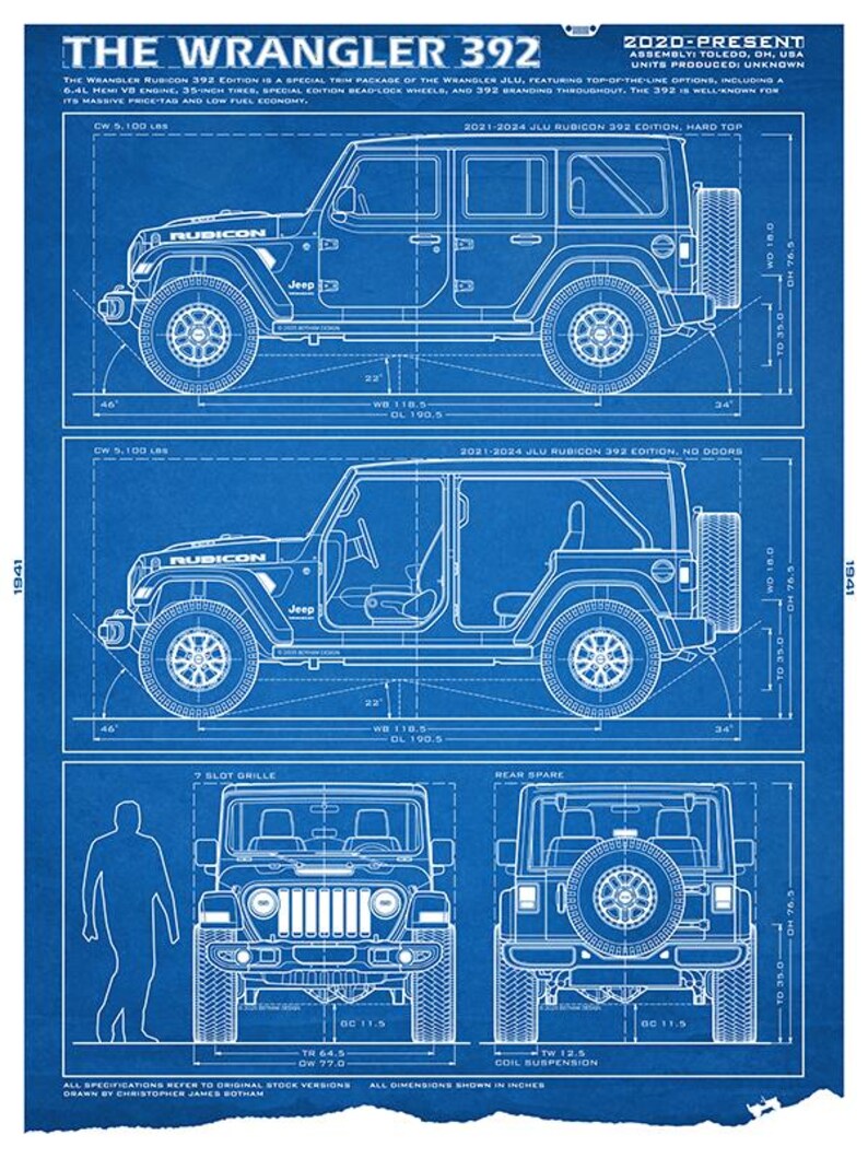 JLU Wrangler Rubicon 392 Jeep Blueprint - Unframed Wall Print - Etsy