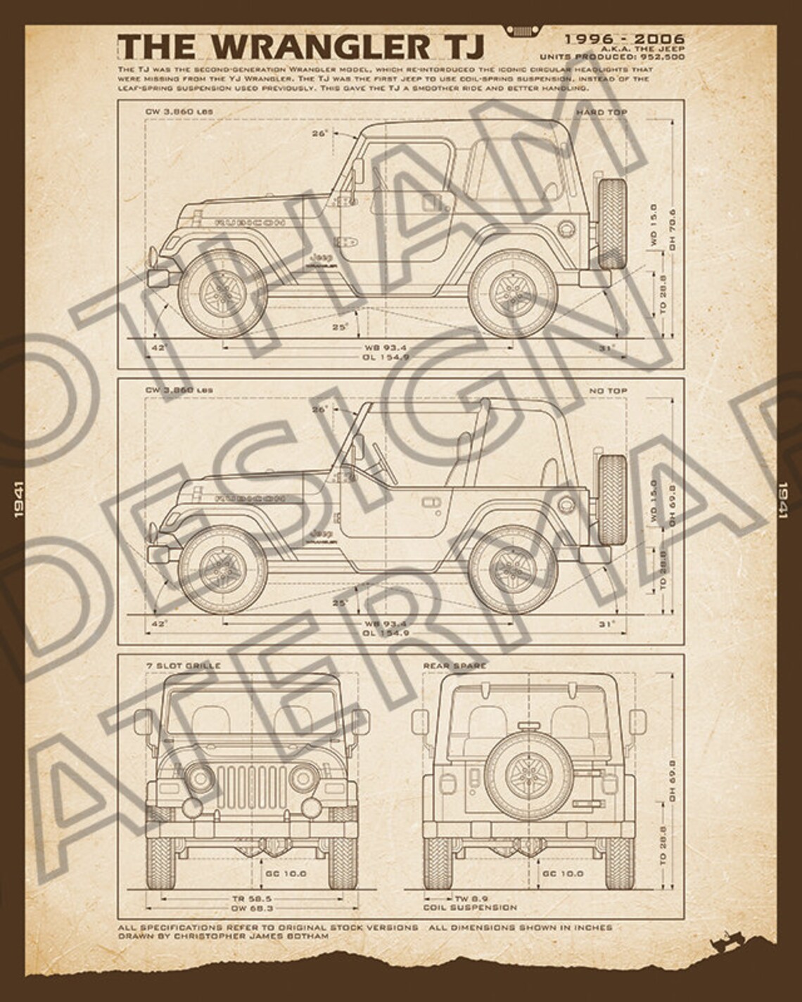 TJ Wrangler Jeep Blueprint - Unframed Wall Print - Etsy