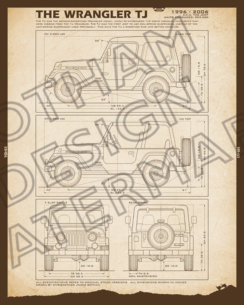 TJ Wrangler Jeep Blueprint - Unframed Wall Print - Etsy