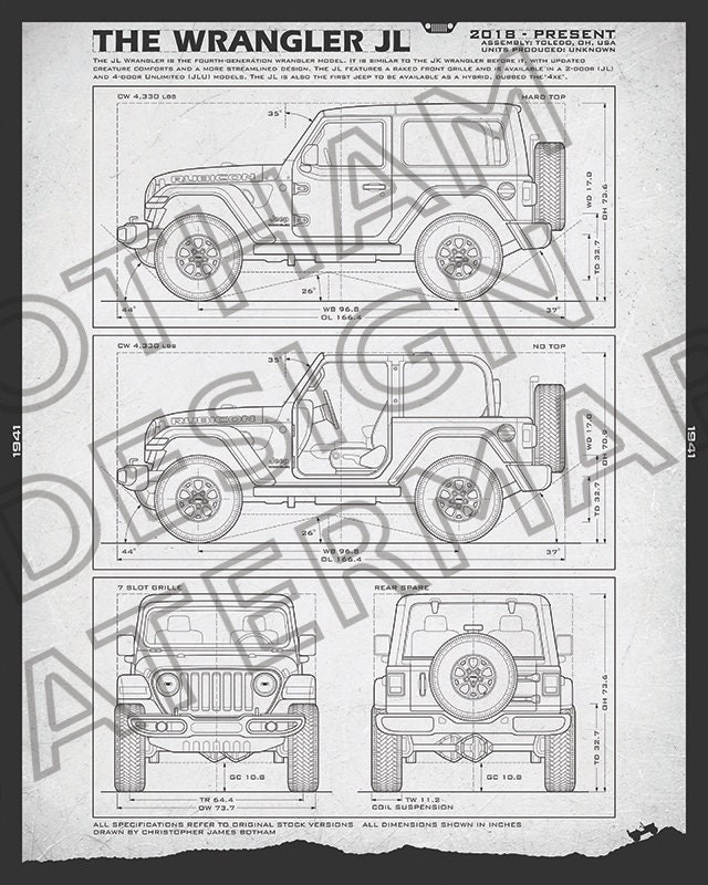 JL Wrangler Jeep Blueprint - Unframed Wall Print - Etsy