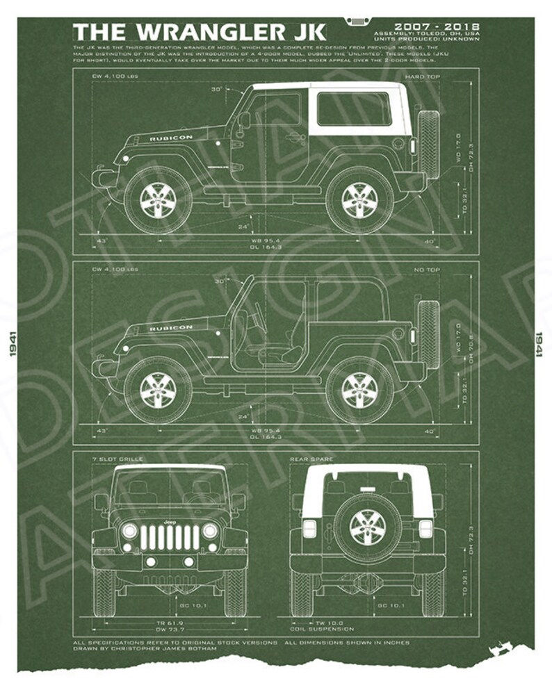 JK Wrangler Jeep Blueprint - Unframed Wall Print - Etsy