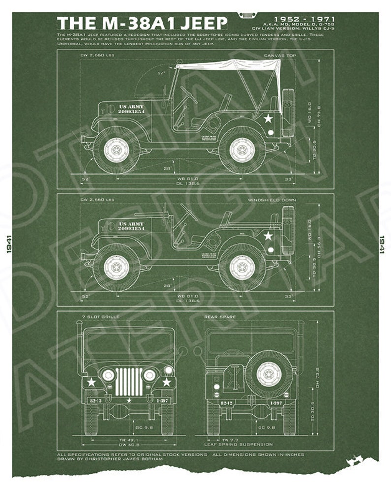 Willys M-38A1 Military Jeep Blueprint - Unframed Wall Print - Etsy