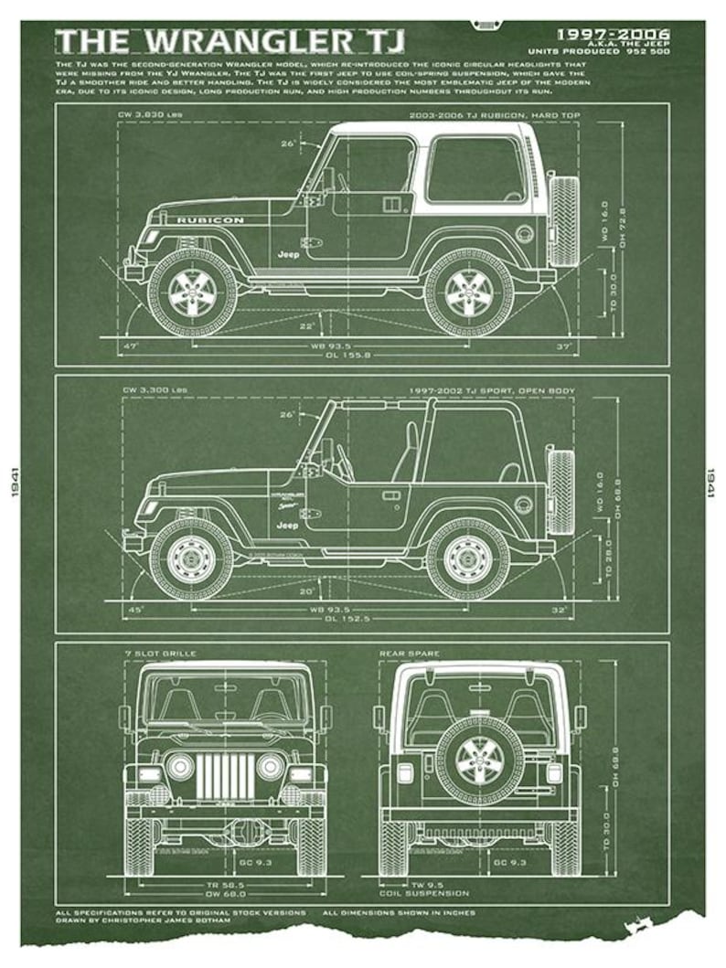 TJ Wrangler Jeep Blueprint - Unframed Wall Print - Etsy