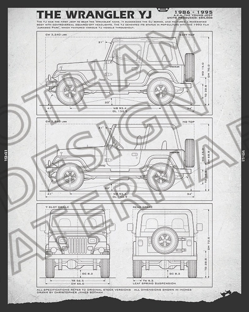 YJ Wrangler Jeep Blueprint - Unframed Wall Print - Etsy