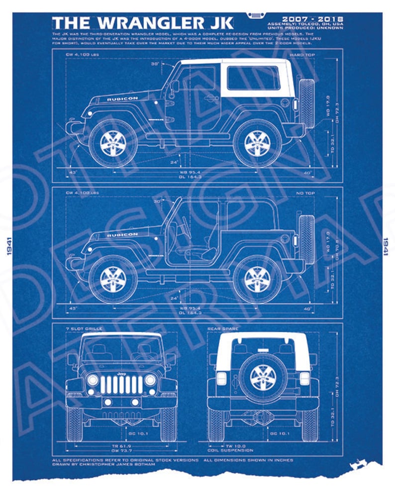 JK Wrangler Jeep Blueprint - Unframed Wall Print - Etsy