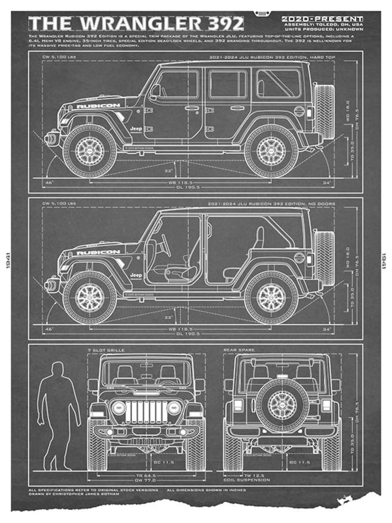 JLU Wrangler Rubicon 392 Jeep Blueprint - Unframed Wall Print - Etsy