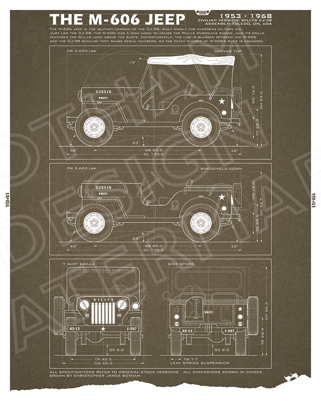 Willys M-606 Military Jeep Blueprint - Unframed Wall Print - Etsy