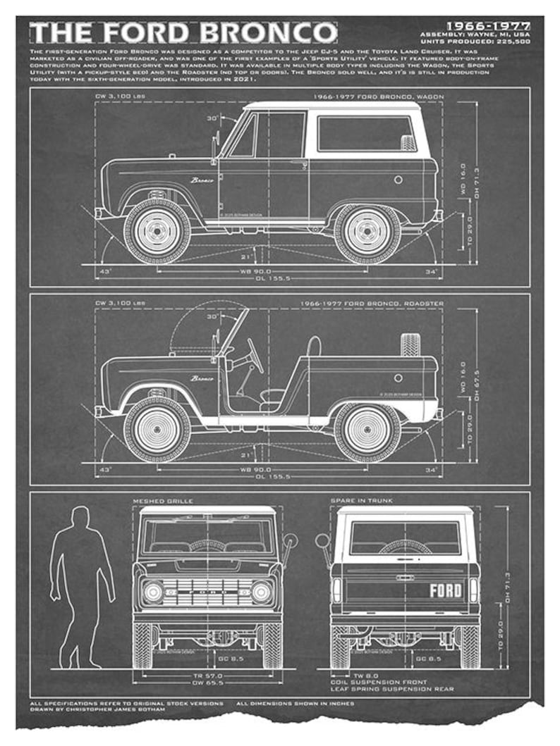 Ford Bronco First-gen Blueprint - Unframed Wall Print - Etsy