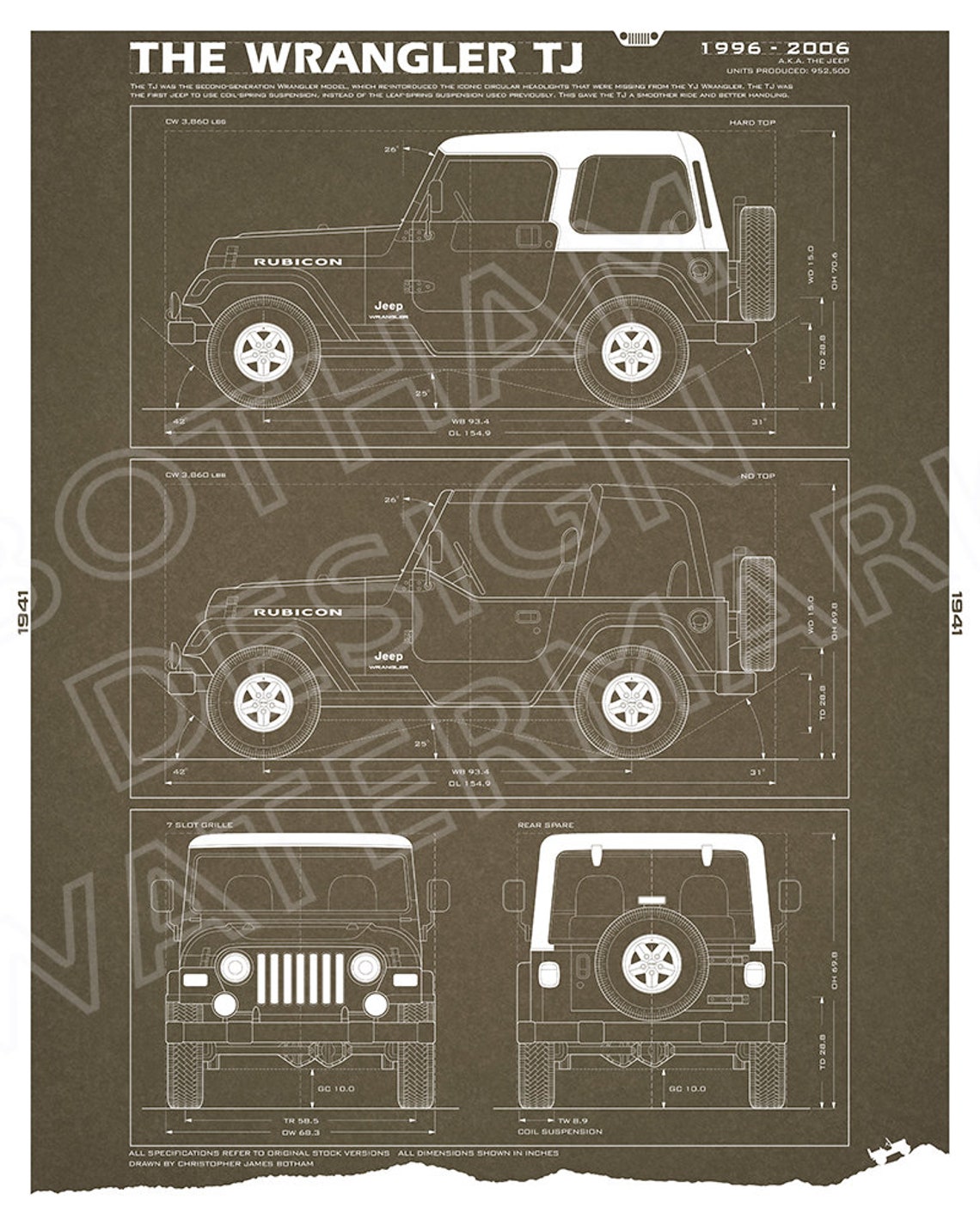 TJ Wrangler Jeep Blueprint Unframed Wall Print 16x20 - Etsy Canada