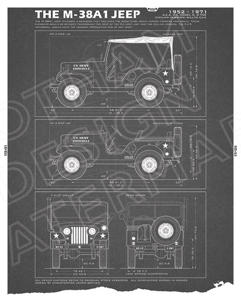 Willys M-38A1 Military Jeep Blueprint - Unframed Wall Print - Etsy